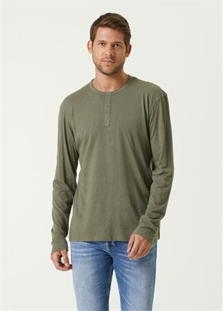 Allsaints Erkek Henley Haki Yakası Düğmeli Uzun Kollu T-shirt XS EU