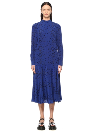 Kenzo Kadın Lacivert Leopar Desenli Midi İpek Elbise Mavi 34 FR