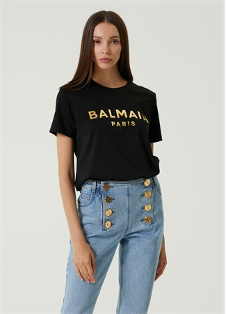 Balmain Kadın Siyah Gold Bisiklet Yaka Logolu T-shirt S EU Balmain Kadın Siyah Gold Bisiklet Yaka Logolu T-shirt S EU