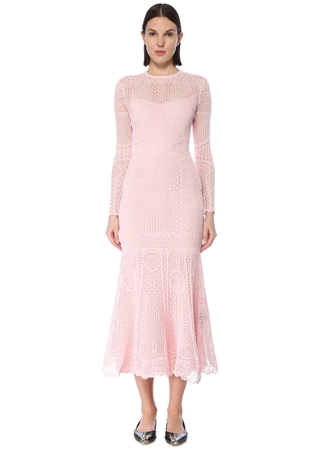 Alexander McQueen Kadın Pembe Bisiklet Yaka Uzun Kol Midi Dantel Elbise M EU
