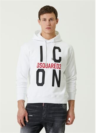 Dsquared2 Erkek Icon Beyaz Kapüşonlu Sweatshirt S EU