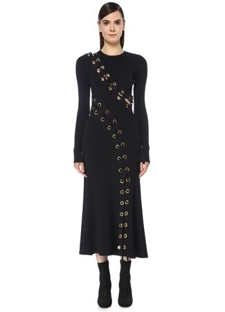 Alexander McQueen Kadın Lacivert Kuşgözü Detaylı Uzun Kol Midi Elbise S EU
