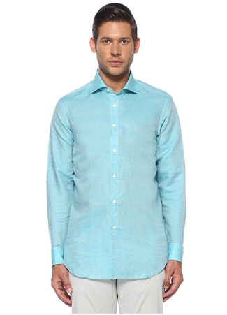 Pal Zileri Erkek Mavi Açık Yaka Keten Gömlek 38 IT