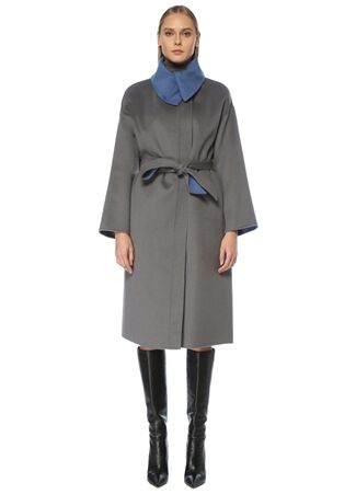 Emporio Armani Kadın Gri Mavi Çift Taraflı Beli Kuşaklı Yün Palto 46 IT