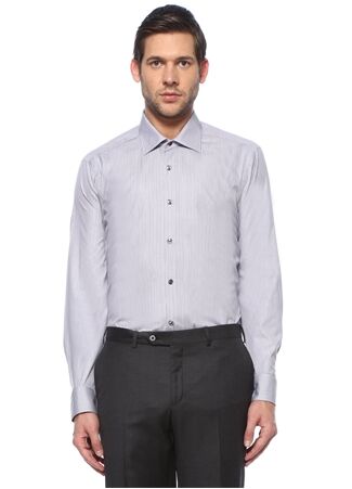 Pal Zileri Erkek Lila Modern Yaka Çizgi Desenli Gömlek Mor 4 IT