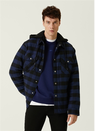 Off-White Erkek Siyah Mavi Kapüşonlu Ekoseli Dış Gömlek L EU Off-White Erkek Siyah Mavi Kapüşonlu Ekoseli Dış Gömlek L EU