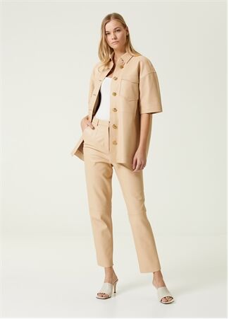 Beymen Collection Kadın Bej Yüksek Bel Pilili Deri Pantolon 34