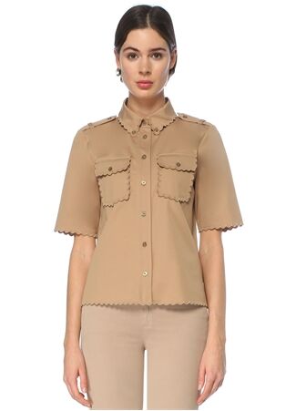 Tory Burch Kadın Bej Düğmeli Yaka Nakış Detaylı Yarım Kol Gömlek 8 US