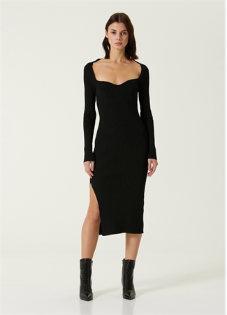 Network Kadın Slim Fit Yırtmaçlı Midi Elbise Siyah S EU