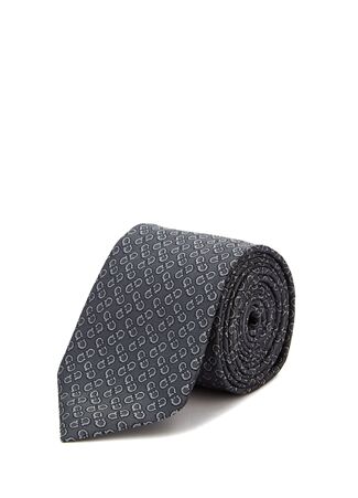 Salvatore Ferragamo Erkek Gri Mikro Desenli İpek Kravat EU