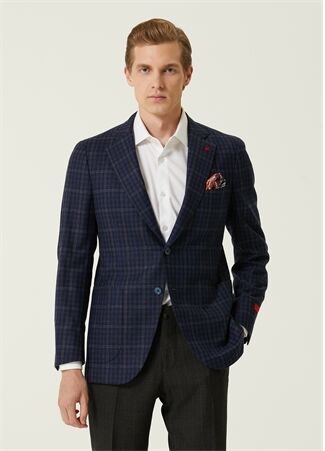 Isaia Erkek Lacivert Kelebek Yaka Kareli Yün Ceket 52 IT