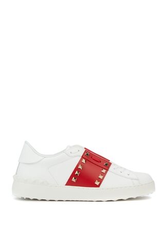 Valentino Garavani Kadın Rockstud Beyaz Kırmızı Deri Sneaker 36 EU