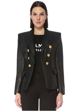 Balmain Kadın Siyah Vatka Detaylı Deri Ceket 38 FR