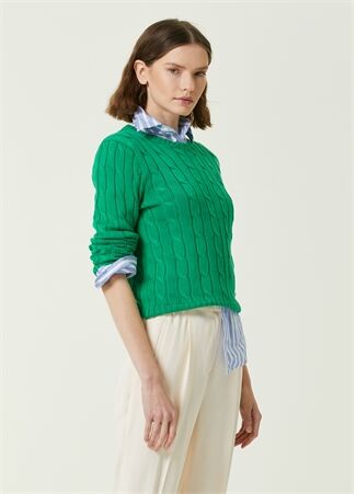 Polo Ralph Lauren Kadın Yeşil Bisiklet Yaka Saç Örgü Kazak L EU