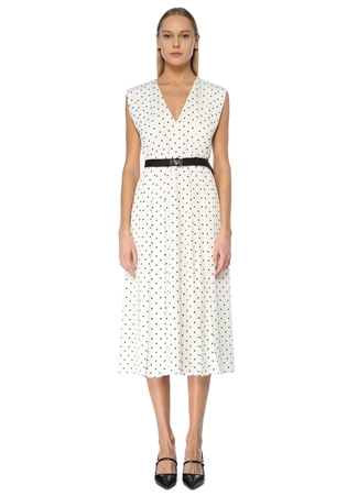 Prada Kadın Beyaz V Yaka Puantiyeli Kolsuz Midi Elbise Siyah 40 IT