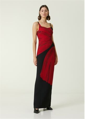 Dries Van Noten Kadın Kırmızı Siyah İşlemeli Maksi Abiye Elbise 36 IT