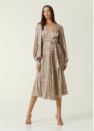Muse For All Kadın Bej V Yaka Geometrik Desenli Midi Elbise 34 EU