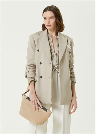 Brunello Cucinelli Kadın Bej Kruvaze Yaka Ceket 38 IT