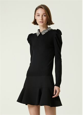 Join Us Kadın Siyah Yakası Taş İşlemeli Kazak L EU