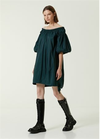 Alexander McQueen Kadın Yeşil Düşük Omuzlu Balon Kol Mini Elbise 40 IT