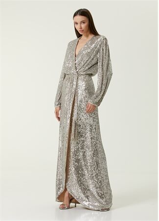 Maison Kairos Kadın Roma Silver İşlemeli Maksi Abiye Elbise Bej 42 EU