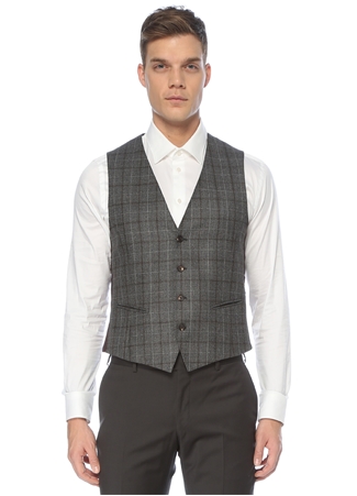 Pal Zileri Erkek Gri V Yaka Ekoseli Garni Detaylı Yün Yelek 58 IT