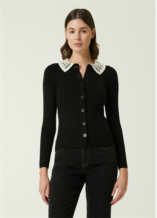 Sandro Kadın Siyah Beyaz Yaka Detaylı Ribli Hırka US