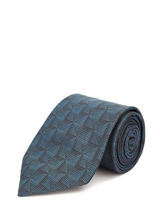 Pal Zileri Erkek Mavi Geometrik Desenli İpek Kravat Kahverengi EU