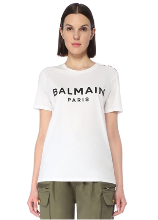 Balmain Kadın Beyaz Siyah Logo Baskılı Düğme Detaylı T-shirt L EU