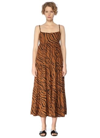 Faithfull The Brand Kadın Corvina Kahverengi Zebra Desenli Midi Elbise XS EU