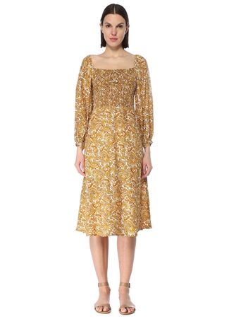 Faithfull The Brand Kadın La Romarine Kare Yaka Şal Desenli Midi Elbise S EU