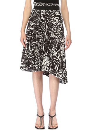 Balenciaga Kadın Leopar Desenli Asimetrik Pilili Midi Etek Siyah 34 FR