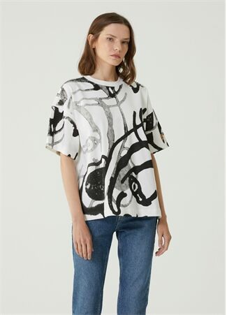 Kenzo Kadın Beyaz Bisiklet Yaka Desenli T-shirt S EU