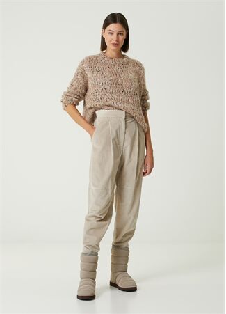 Brunello Cucinelli Kadın Taş Pilili Kadife Pantolon Gri 36 IT