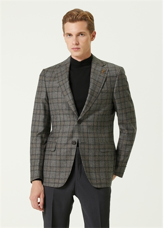 Pal Zileri Erkek Gri Yakası Broş Detaylı Kareli Yün Ceket 48 IT