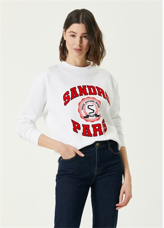 Sandro Kadın Beyaz Bisiklet Yaka Logolu Sweatshirt US
