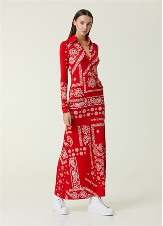 Palm Angels Kadın Kırmızı Beyaz Şal Desenli Maksi Elbise S EU Palm Angels Kadın Kırmızı Beyaz Şal Desenli Maksi Elbise S EU