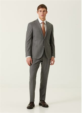 Corneliani Erkek Gri Çizgi Desenli Yün Takım Elbise 54 IT