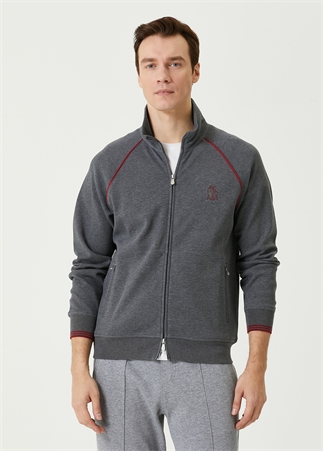 Brunello Cucinelli Erkek Gri Dik Yaka Logolu Sweatshirt S EU