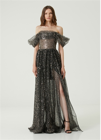 Rasario Kadın Siyah Düşük Omuzlu İşlemeli Maksi Abiye Elbise 36 IT Rasario Kadın Siyah Düşük Omuzlu İşlemeli Maksi Abiye Elbise 36 IT