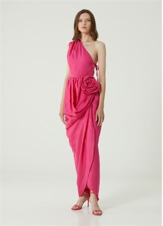 Gül Hürgel Kadın Şeftali Tek Omuzlu Drapeli Maksi Abiye Elbise Pembe M EU