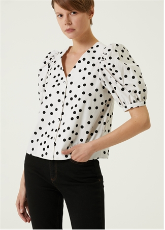 Beymen Club Kadın Beyaz V Yaka Puantiyeli Balon Kol Gömlek S