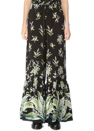 Red Valentino Kadın Siyah Çiçekli Bol Paça İpek Pantolon 42 IT