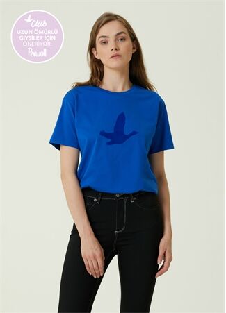 Beymen Club Kadın Mavi Bisiklet Yaka Logo Baskılı T-shirt XS