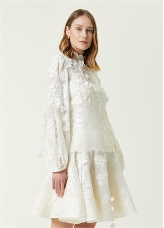 Zimmermann Kadın Ekru Çiçek Aplikeli Keten Organza Bluz Bej 0 US