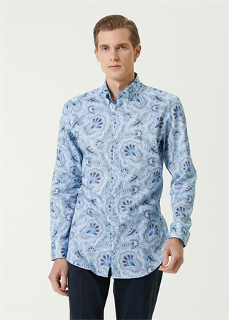 Etro Erkek Mavi Düğmeli Yaka Etnik Desenli Gömlek 42 IT