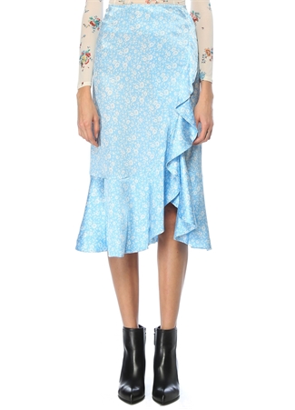 Ganni Kadın Mavi Çiçek Desenli Fırfırlı İpek Midi Etek 34 FR