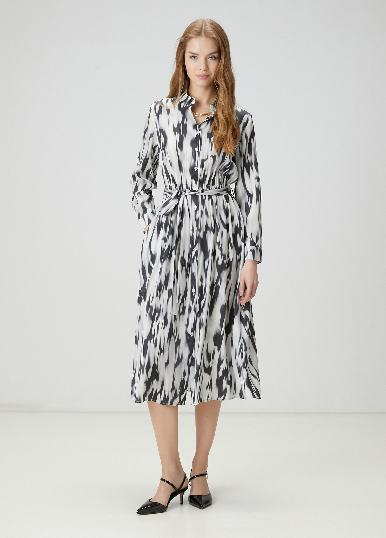 Beymen Club - Black White Ikat Patterned Midi Silk Dress