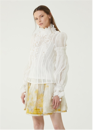 Zimmermann Kadın Beyaz Dik Yaka İpek Keten Organza Bluz 0 US
