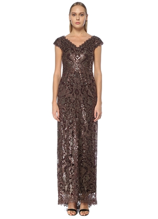 Tadashi Shoji Kadın Kahverengi Yırtmaçlı Dantelli Maxi Abiye Elbise 4 US